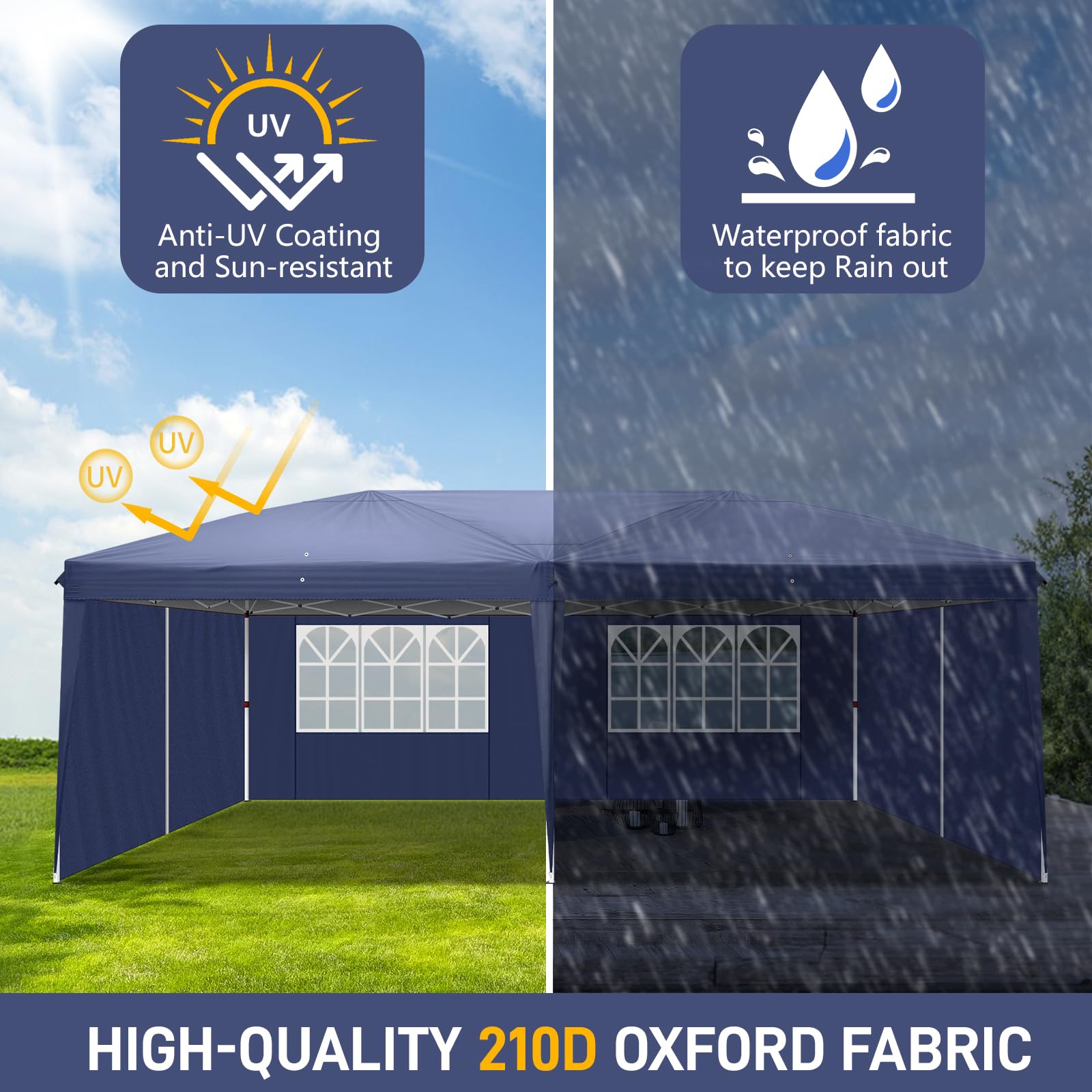 10x20 Ft Easy Pop up Canopy, Waterproof Party Tent, Adjustable Height Outdoor Gazebo w/ 6 Removable Sidewalls & 4 Windows for Patio Backyard Porch Garden Beach, Carry Bag Included (Blue)