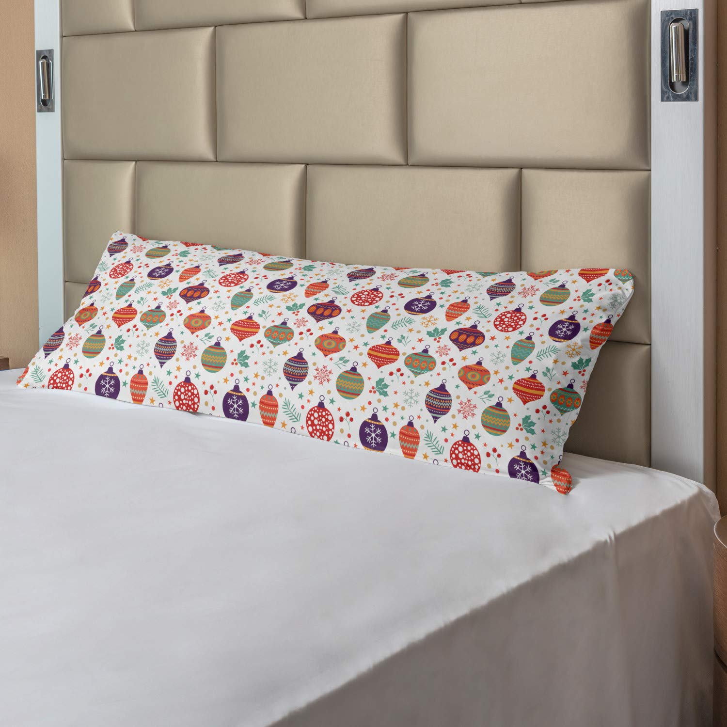 Lunarable Christmas Body Pillow Case Cover with Zipper, Holidays Theme Baubles Snowflakes Christmas Berry Print on Plain Background, Decorative Accent Long Pillowcase, 21" x 54", Purple Orange