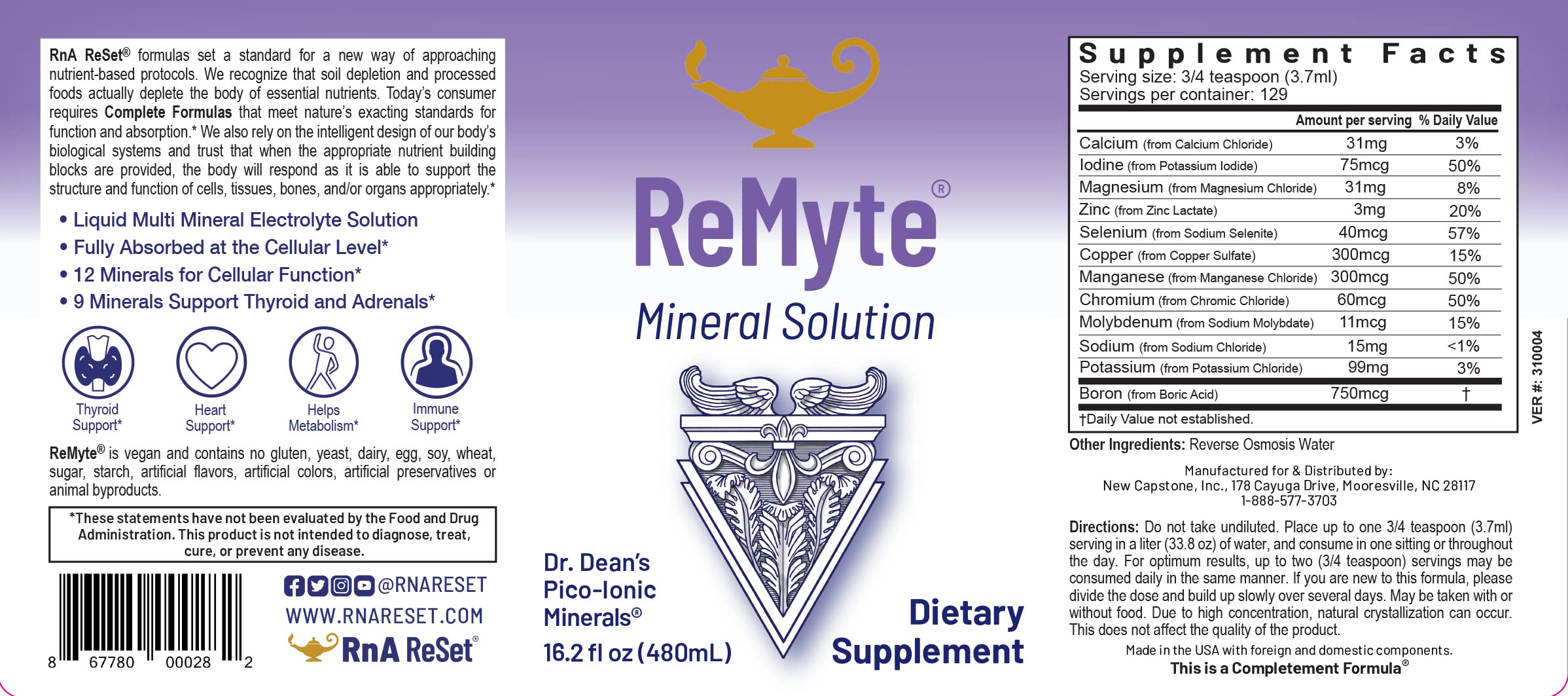 RnA ReSet - ReMyte Electrolyte Mineral Solution, Liquid Multi Mineral, 12 Minerals Including Iodine, Selenium, Zinc, Magnesium, Boron, 480 ml - by Dr. Carolyn Dean (2-Pack)