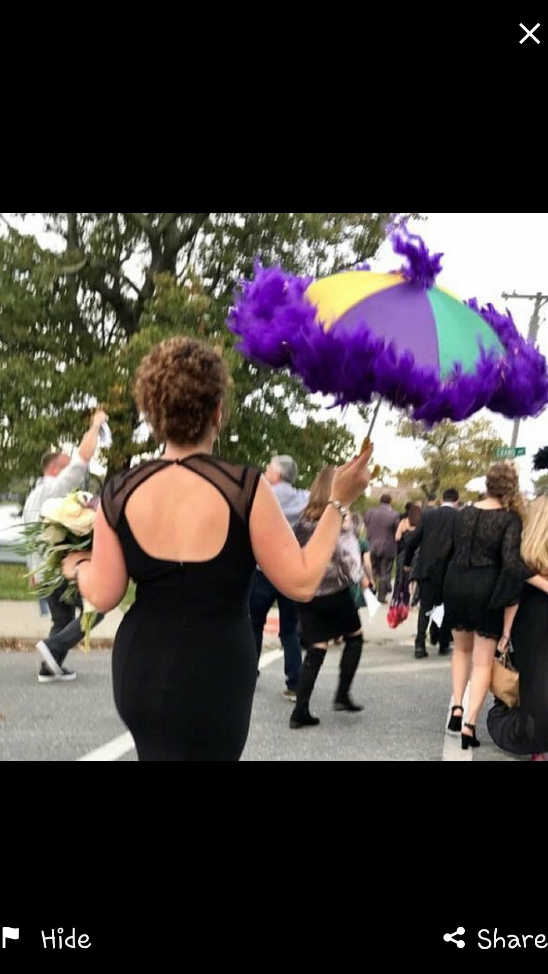 New Orleans Mardi Gras Purple Second Line Parasol Umbrella with Purple, Green, Yellow Feather Accent