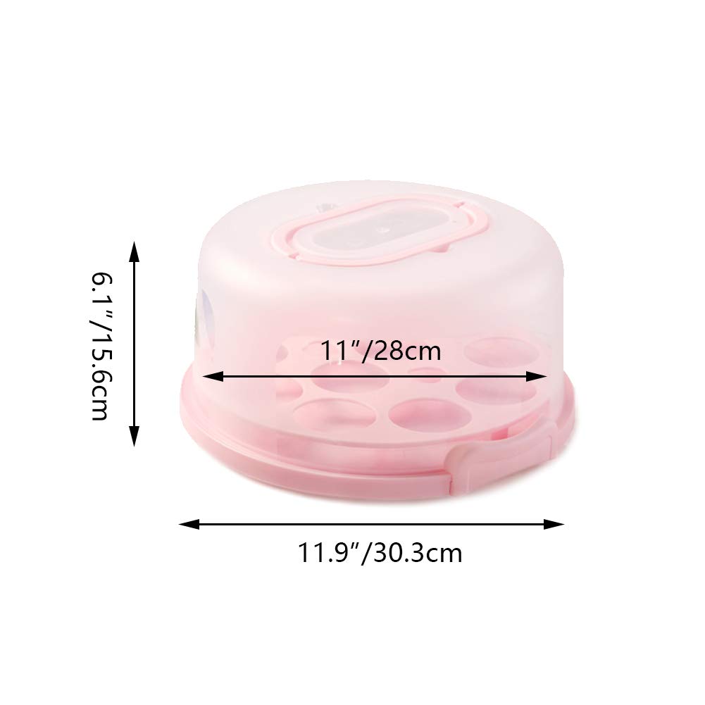 ZOAJU Plastic Cake Carrier with Handle and Removable Cupcake Holder Cake Container, Holds up to 11 Cupcakes for Transporting Pies, Cookies, Desserts(Pink)