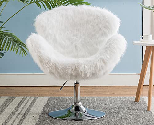 Kmax Faux Fur Accent Chair, Height Adjustable Plush Vanity Stool for Bedroom, Shaggy Dog Shell Chair for Dorm/Living Room, White