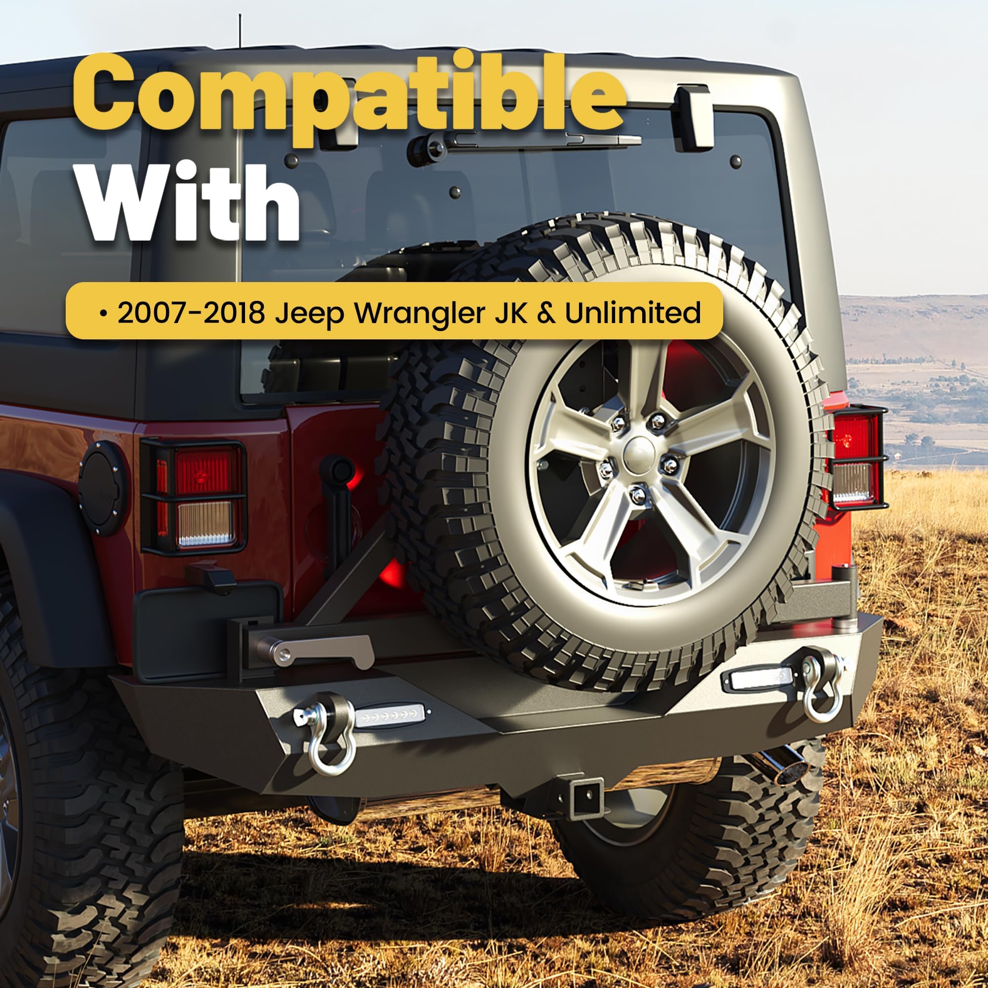 ECOTRIC Steel Rear Bumper Compatible with 2007-2018 Jeep Wrangler JK with Tire Carrier Bumper w/Lockable Tire Carrier 2" Receiver 2Pcs High Powered LED Floodlights Textured Black 2 Packages