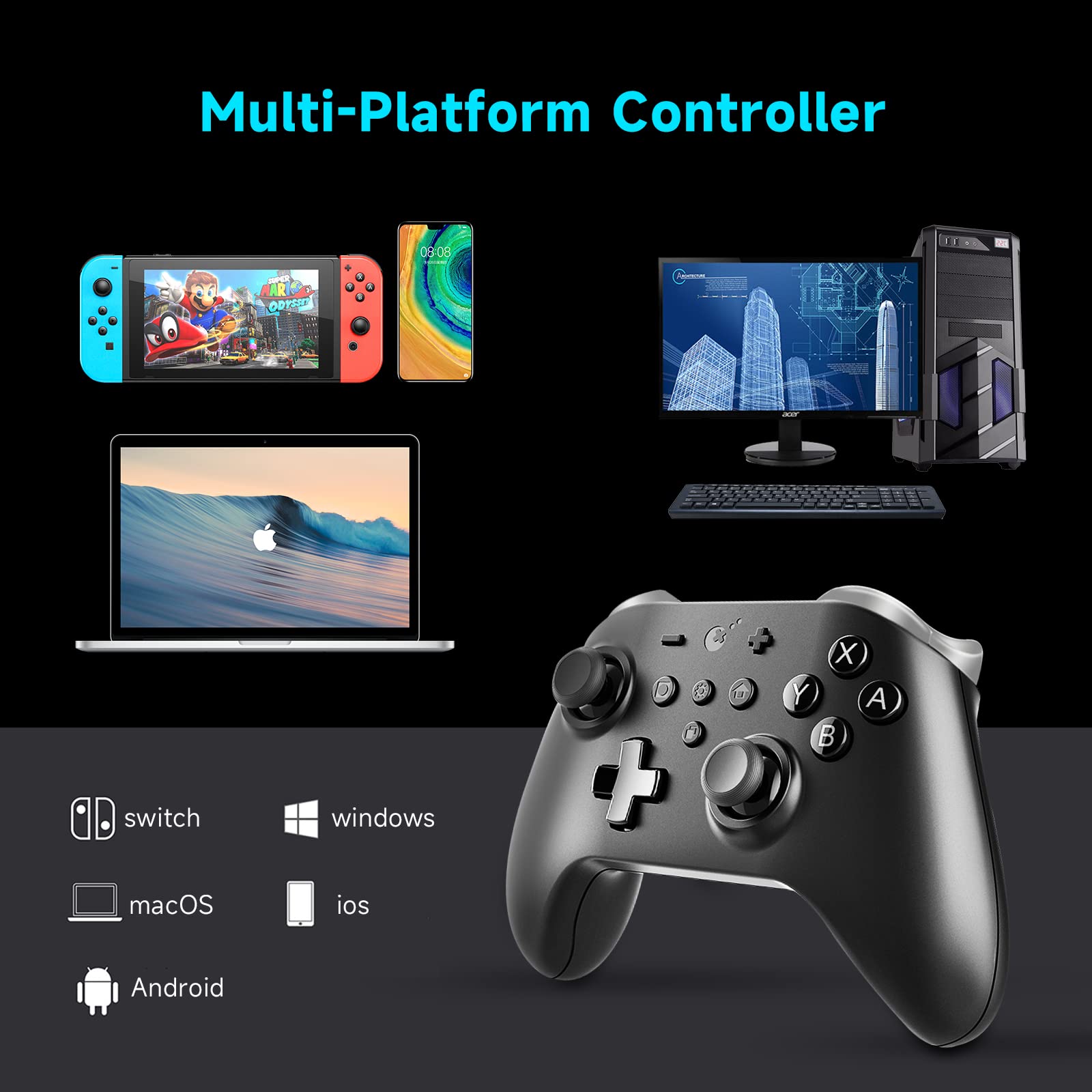 Guli kit Kingkong 2 Bluetooth Controller with Hall Effect Sensing Joystick for Switch OLED/PC/Android/Steam, No Stick Drift, No Deadzone, 6-Axis Sensing, Vibration, Turbo Function (Black)