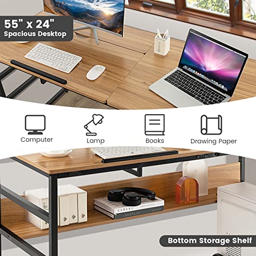 Tangkula 55-Inch Computer Desk, Drafting Table with Tiltable Desktop for Drawing Writing Reading Studying, Multifunctional Art Desk Craft Workstation with CPU Stand & Storage Shelf for Home Office