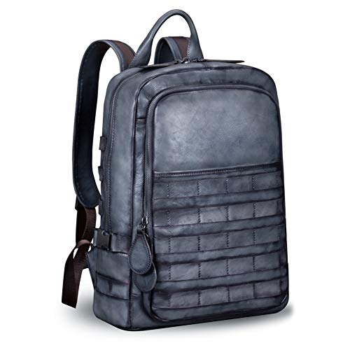 IVTG Genuine Leather Large Backpack for Men Vintage Laptop Knapsack Purse Rucksack Daypack High Capacity for Travel Bag (Gray)