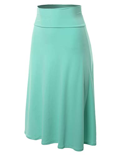 Solid A-Line Fold Over Waist Band Flared Midi Skirt Blue Grey L