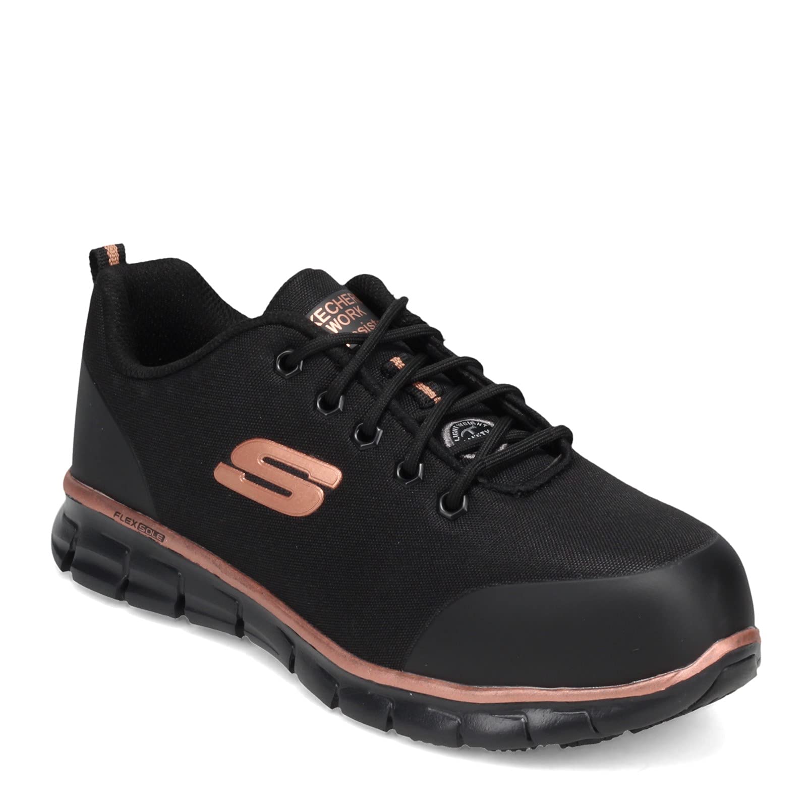 Skechers Women's Lace up Athletic Safety Toe Industrial Shoe, Black/Gold, 8