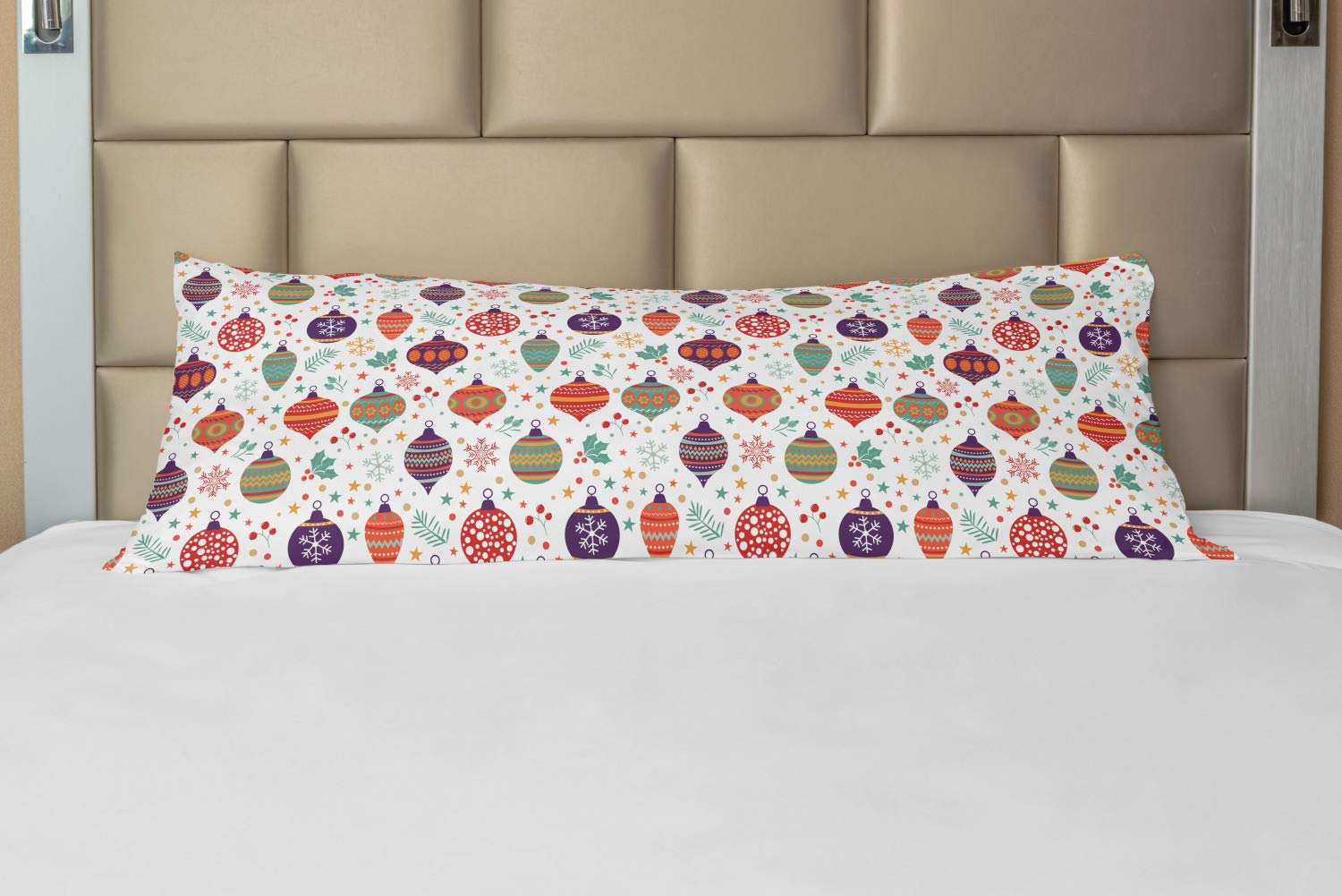 Lunarable Christmas Body Pillow Case Cover with Zipper, Holidays Theme Baubles Snowflakes Christmas Berry Print on Plain Background, Decorative Accent Long Pillowcase, 21" x 54", Purple Orange