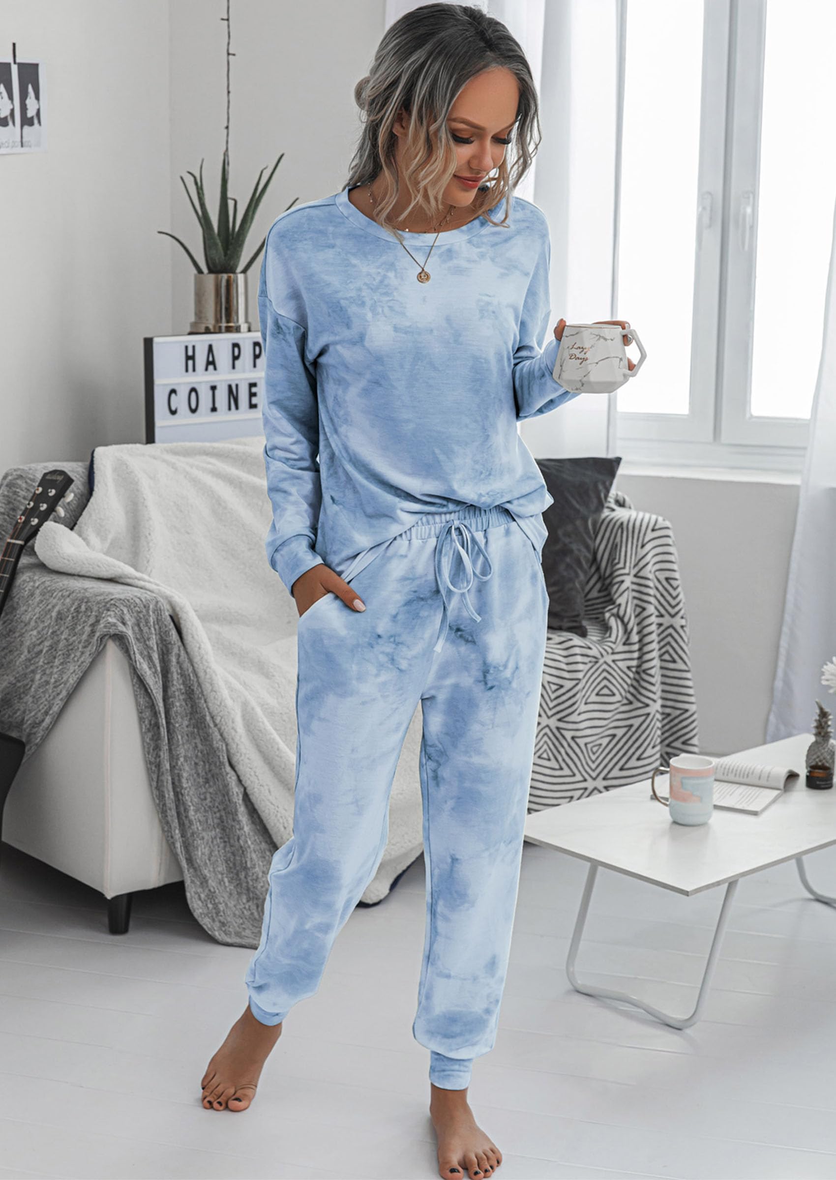 PRETTYGARDEN Women's Tie Dye Two Piece Pajamas Set Casual Long Sleeve Sweatshirt with Long Pants Loungewear (Grey,X-Large)