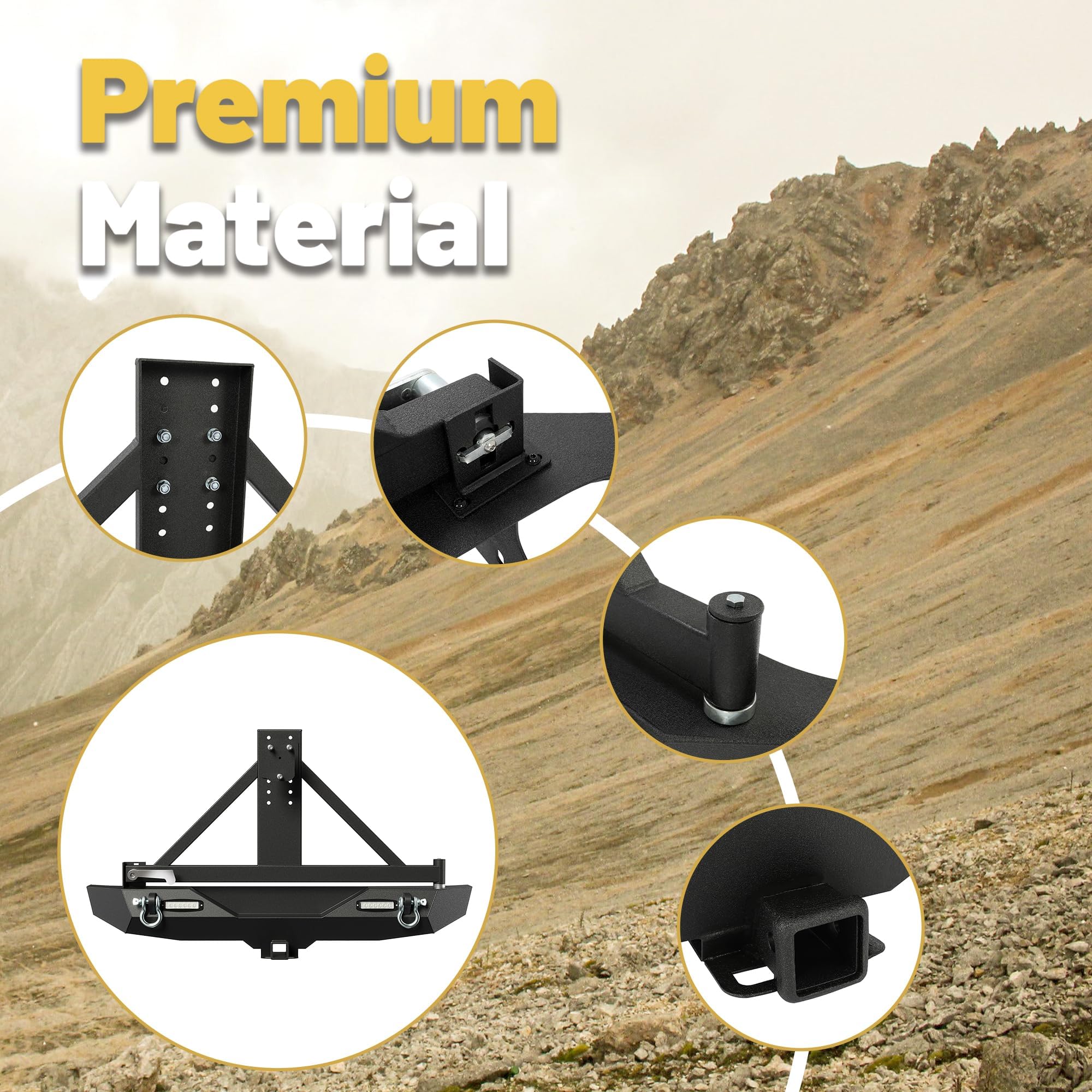 ECOTRIC Steel Rear Bumper Compatible with 2007-2018 Jeep Wrangler JK with Tire Carrier Bumper w/Lockable Tire Carrier 2" Receiver 2Pcs High Powered LED Floodlights Textured Black 2 Packages