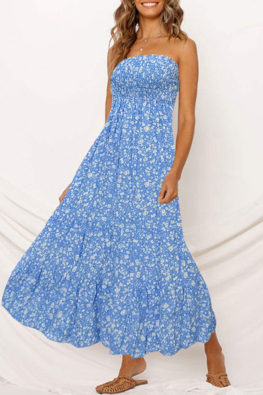 ZESICA Women's Summer Bohemian Floral Printed Strapless Beach Party Long Maxi Dress,Blue,Large