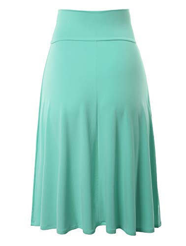Solid A-Line Fold Over Waist Band Flared Midi Skirt Blue Grey L