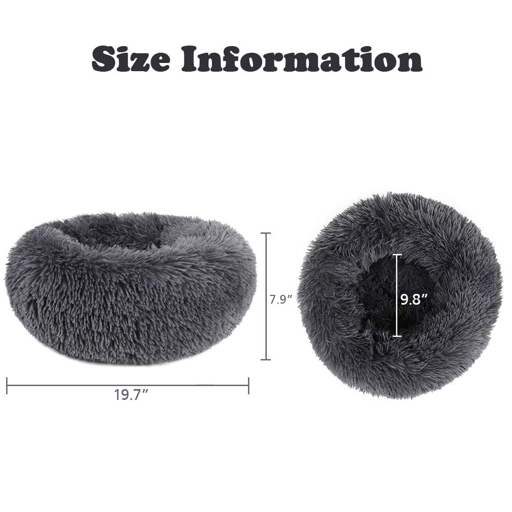 otoez Kitten Puppy Anti-Anxiety Plush Pet Calming Donut Bed With Non-Slip Waterproof Bottom, Washable Small Round Dog Cat Bed (19.7", Dark Grey)