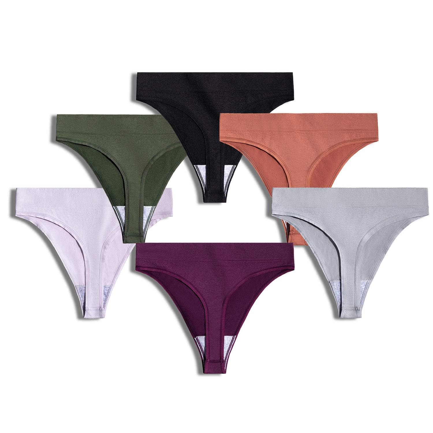 GRANKEE Women's Breathable Seamless Thong Panties No Show Underwear 6 Pack(Black/Caramel/Purple/Olive Green/Lavender/Light Grey 6 Pack L)