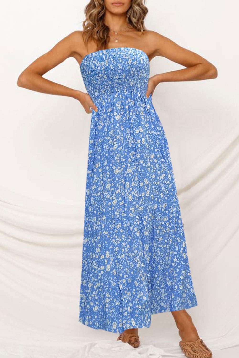 ZESICA Women's Summer Bohemian Floral Printed Strapless Beach Party Long Maxi Dress,Blue,Large