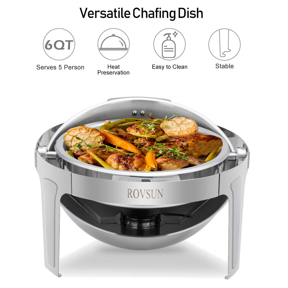 ROVSUN Chafing Dish Buffet Set,6 Quart Roll Top Stainless Steel Chafer, NSF Round Set with Food Pan, Water Pan and Fuel Holders, for Wedding, Parties, Banquet, Catering Events