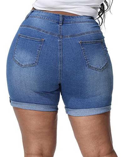 ALLEGRACE Women's Plus Size Denim Shorts High Waist Folded Hem Pockets Jeans Shorts Light Blue 16W