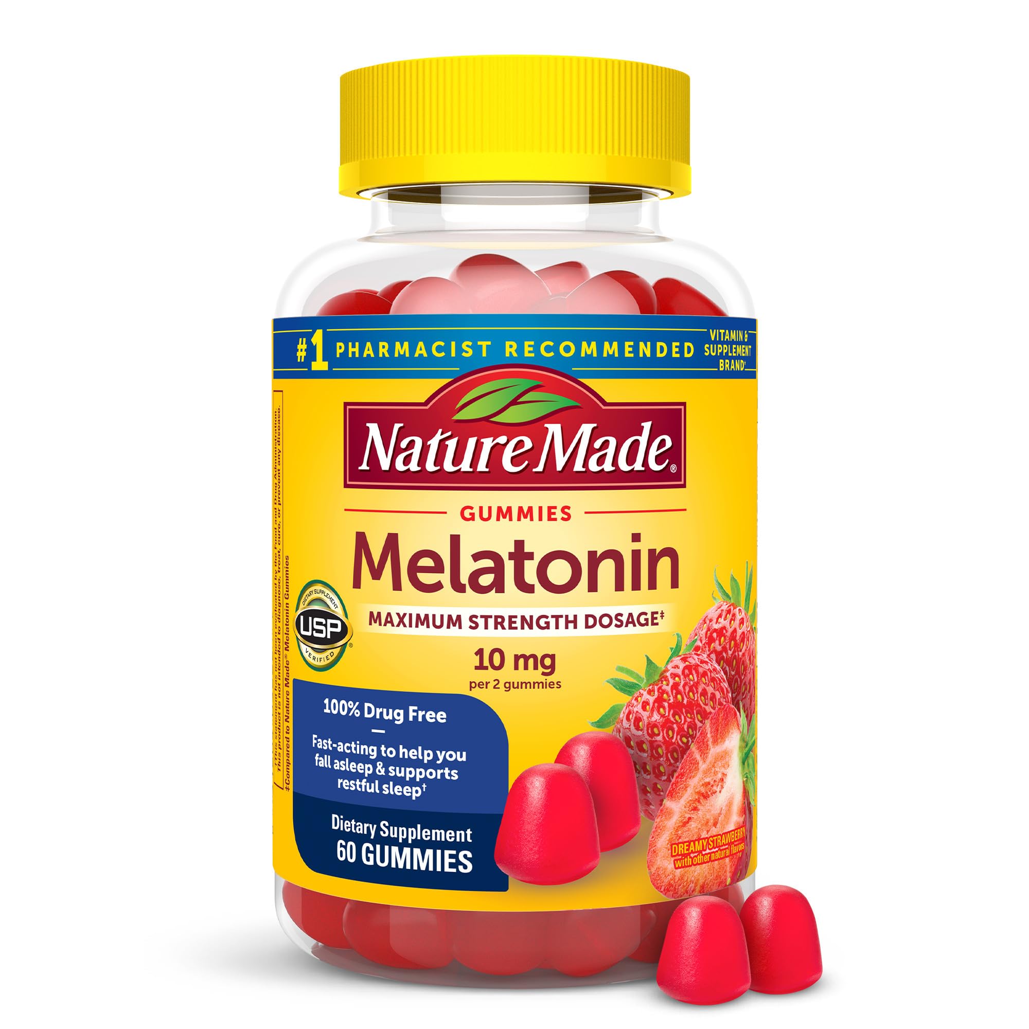 Nature Made Melatonin 10mg per serving Gummies, Maximum Strength Dosage, 100% Drug Free Sleep Aid for Adults, 60 Melatonin Gummies, 30 Day Supply