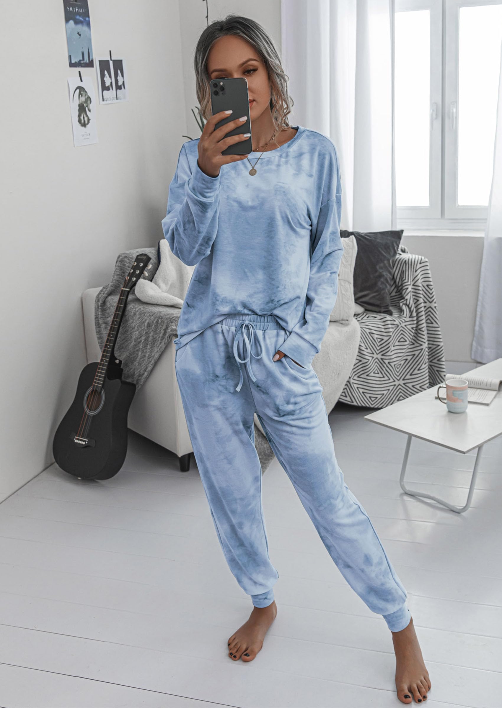 PRETTYGARDEN Women's Tie Dye Two Piece Pajamas Set Casual Long Sleeve Sweatshirt with Long Pants Loungewear (Grey,X-Large)
