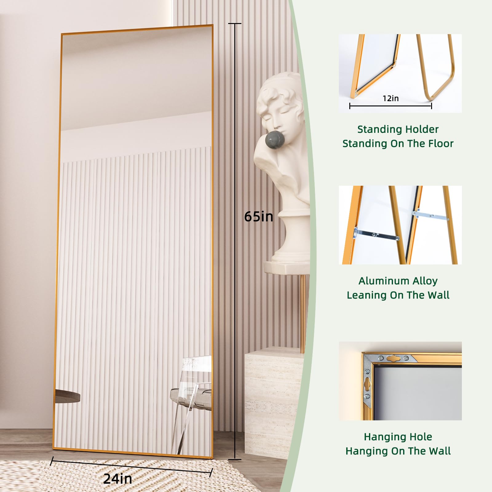 Beauty4U 65" x 24" Full Length Mirror with Stand, Gold Wall Mounting Full Body Mirror, Metal Frame Full-Length Tempered Mirror for Living Room, Bedroom