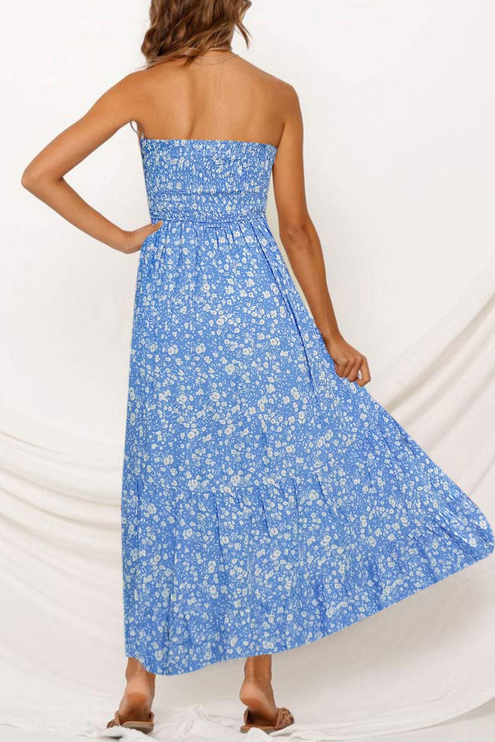 ZESICA Women's Summer Bohemian Floral Printed Strapless Beach Party Long Maxi Dress,Blue,Large