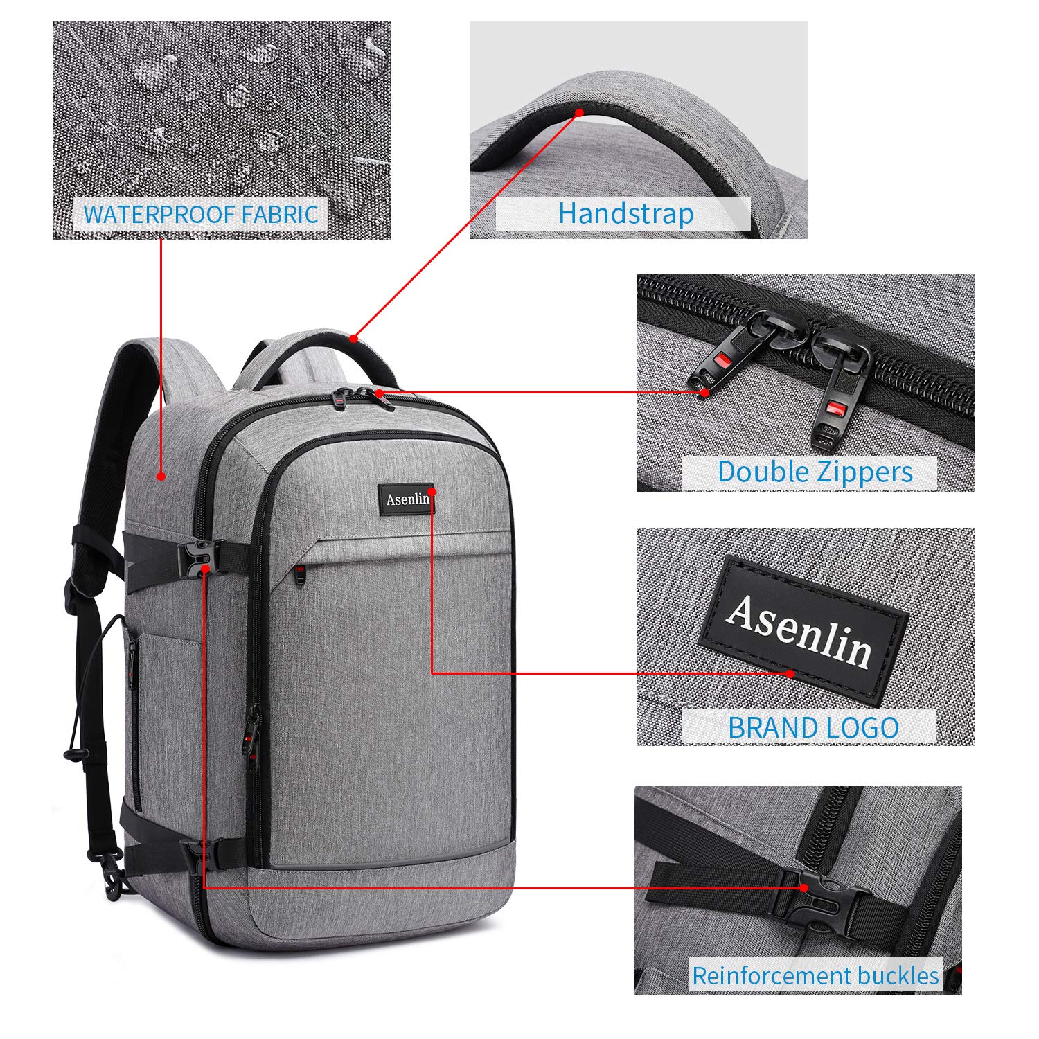 Asenlin 40L Travel Backpack for Women Men,17 Inch Laptop Backpack Flight Approved Luggage Carry On Water Resistant Computer Backpack for Weekender Overnight Large Daypack Grey