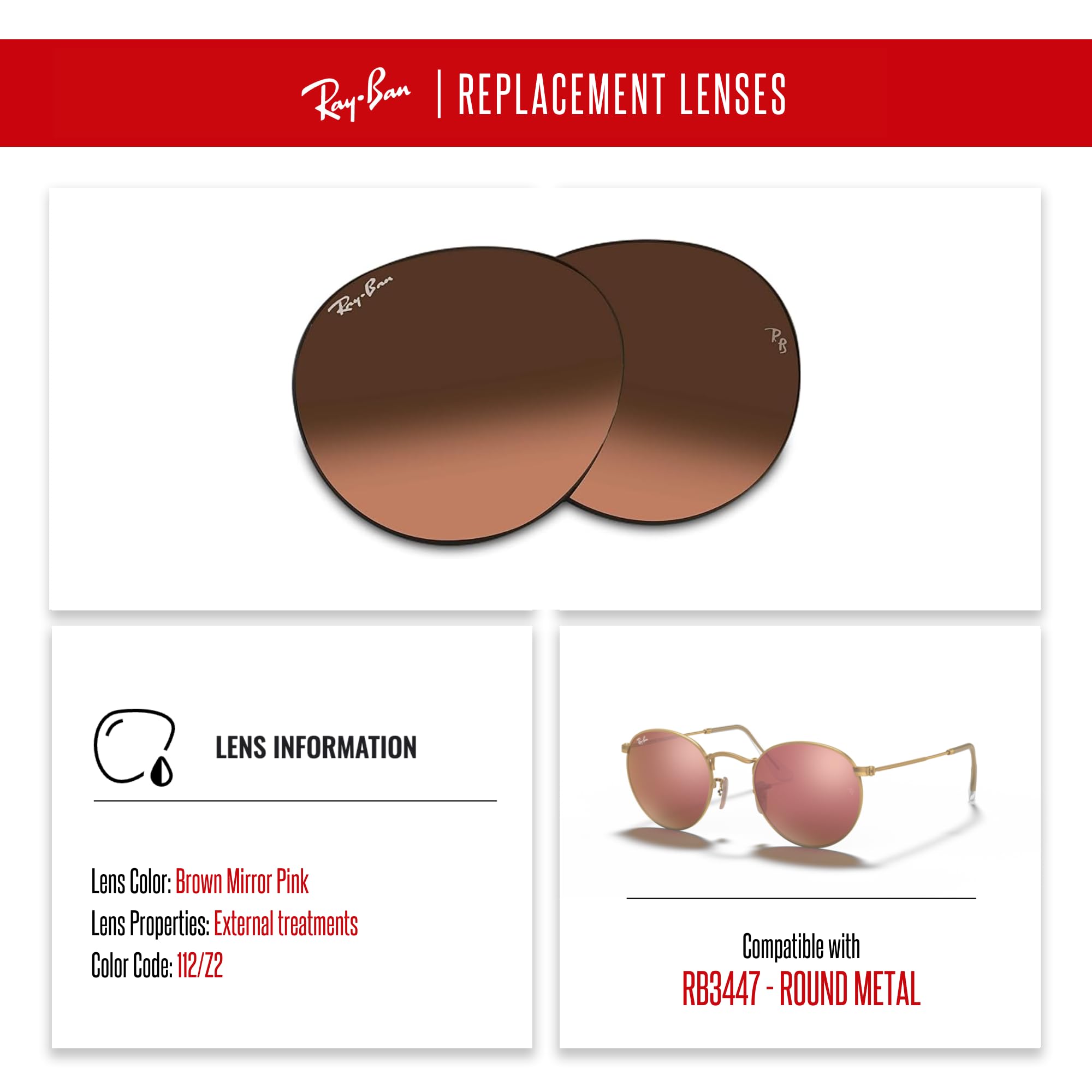 Ray-Ban Original ROUND METAL RB3447 50M Brown Mirror Pink Replacement Lenses For Men For Women + BUNDLE with Designer iWear Eyewear Kit
