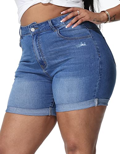 ALLEGRACE Women's Plus Size Denim Shorts High Waist Folded Hem Pockets Jeans Shorts Light Blue 16W