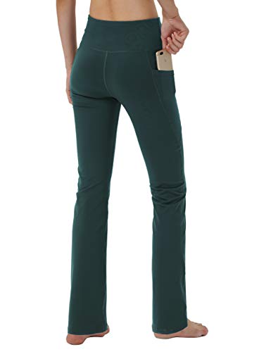 Keolorn Women's Bootleg Yoga Pants with Hidden Pockets Tummy Control Running Legging Long Bootcut (Green, 3X-Large)