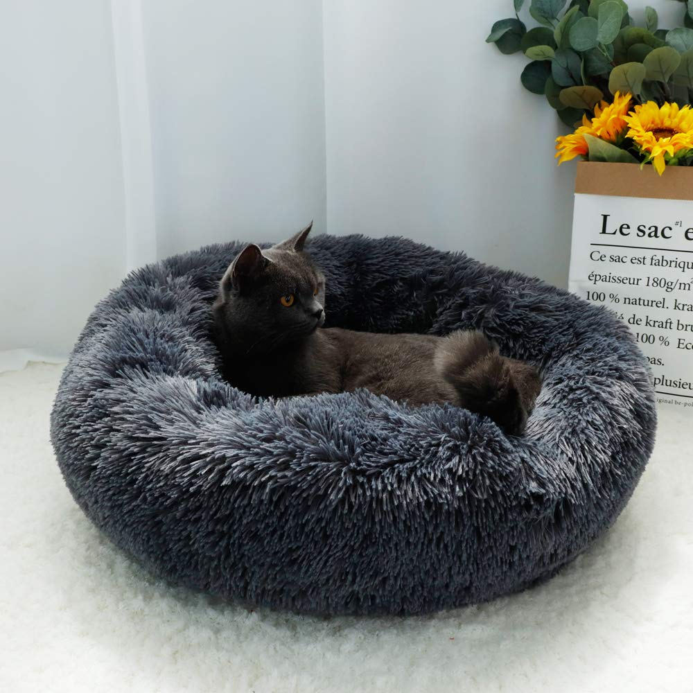 otoez Kitten Puppy Anti-Anxiety Plush Pet Calming Donut Bed With Non-Slip Waterproof Bottom, Washable Small Round Dog Cat Bed (19.7", Dark Grey)