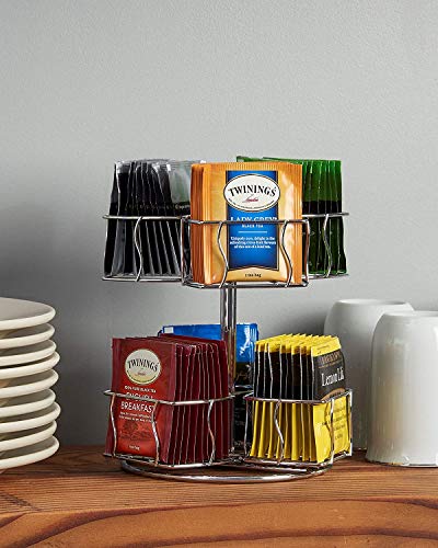 Nifty Tea Bag Spinning Carousel – 6 Compartments, Up to 60 Tea Bags Storage, Spins 360-Degrees, Lazy Susan Platform, Modern Chrome Design, Home or Office Kitchen Counter Organizer