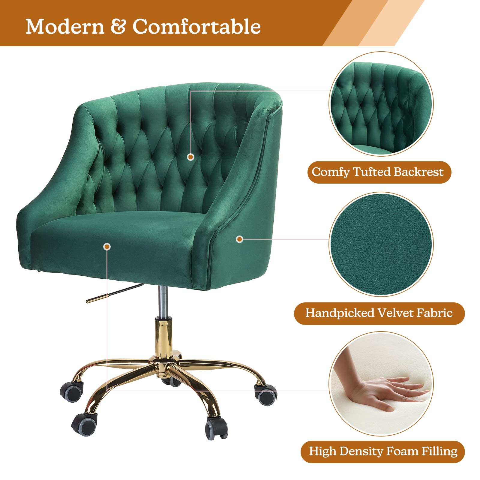 Velvet Home Office Chair with Gold Base, Comfortable Modern Cute Desk Chair, Adjustable Swivel Task Chair for Living Room Bedroom Vanity Study, Green