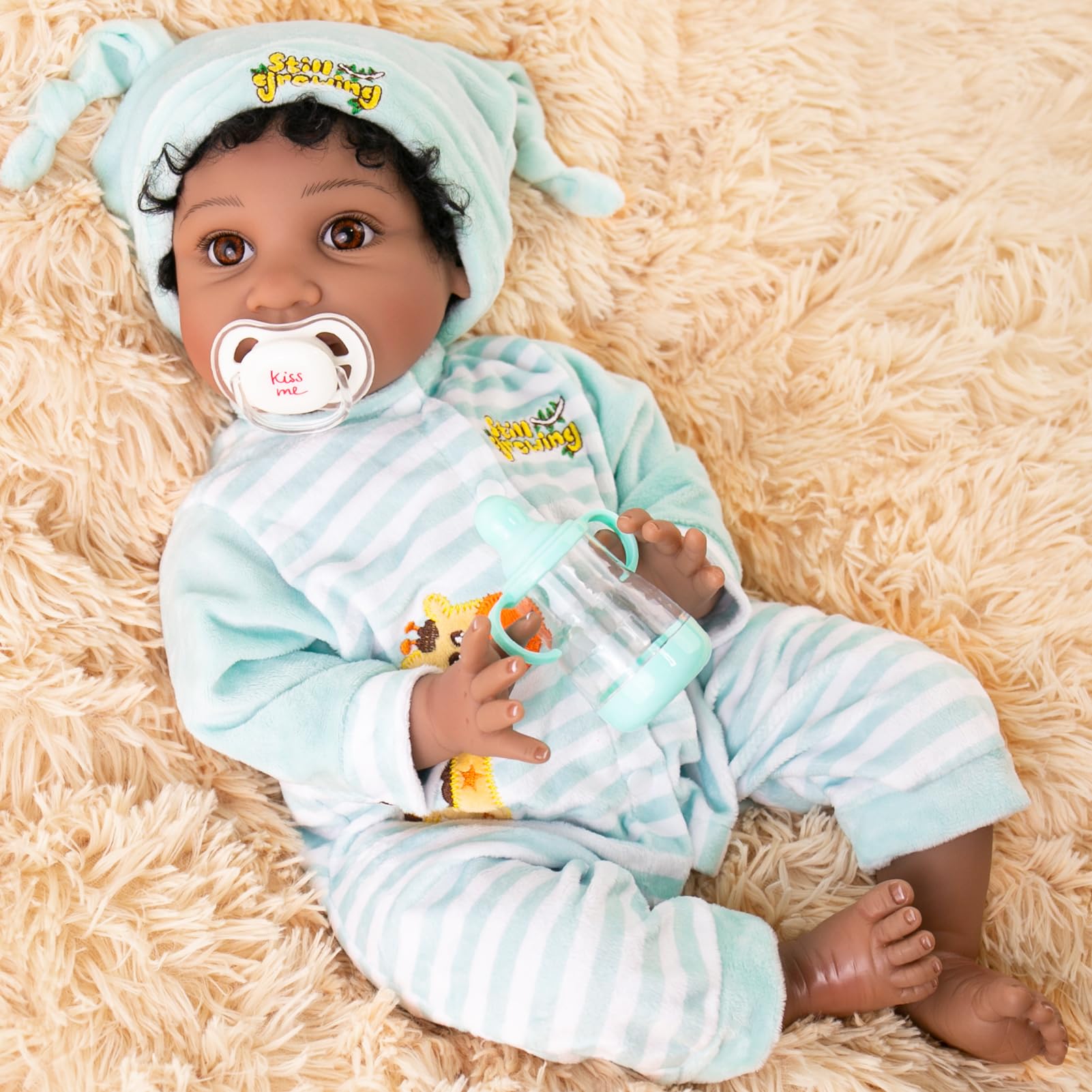Aori Reborn Baby Dolls Black Americans Lifelike Reborn Baby Boy Look and Feel Real 22 Inch Biracial Newborn Doll with Giraffe Gift Set