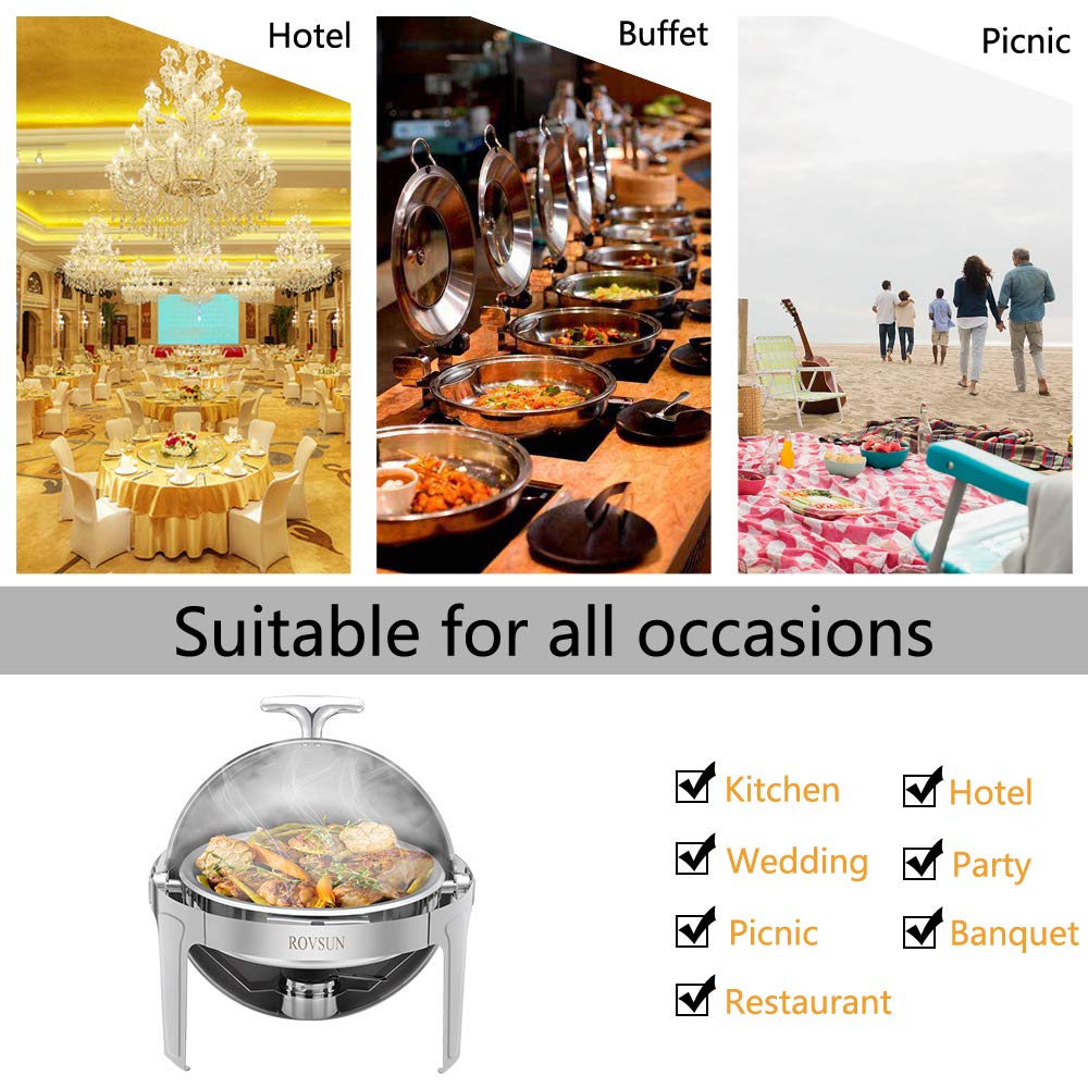 ROVSUN Chafing Dish Buffet Set,6 Quart Roll Top Stainless Steel Chafer, NSF Round Set with Food Pan, Water Pan and Fuel Holders, for Wedding, Parties, Banquet, Catering Events