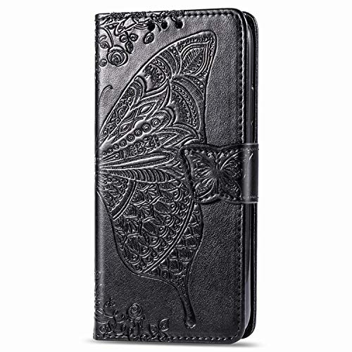 MEIKONST Xiaomi Redmi Note 8 Pro Case, Elegant Embossed Black Butterfly Soft PU Leather Flip Wallet Case with Stand Magnetic Closure Protective Cover for Xiaomi Redmi Note 8 Pro,SD Black Butterfly