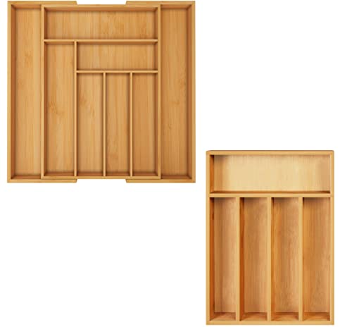 Bamboo Organizer 2 Piece Set – 8 and 5 Compartment Expandable Makeup Drawer - Drawer Dividers Organizer - Adjustable Drawer Holder for Kitchen, Silverware, Flatware, Living Room and Utensils (Natural)
