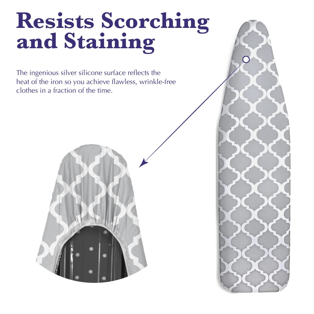 Epica Ironing Board Cover and Pad - Standard Size 15x54 Padded Ironing Board Covers, Heat Reflective Coating, Scorch & Stain Resistant Iron Board Cover with Padding Grey & White Lattice