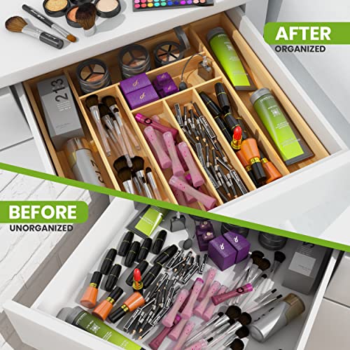 Bamboo Organizer 2 Piece Set – 8 and 5 Compartment Expandable Makeup Drawer - Drawer Dividers Organizer - Adjustable Drawer Holder for Kitchen, Silverware, Flatware, Living Room and Utensils (Natural)