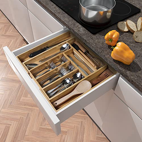 Bamboo Organizer 2 Piece Set – 8 and 5 Compartment Expandable Makeup Drawer - Drawer Dividers Organizer - Adjustable Drawer Holder for Kitchen, Silverware, Flatware, Living Room and Utensils (Natural)