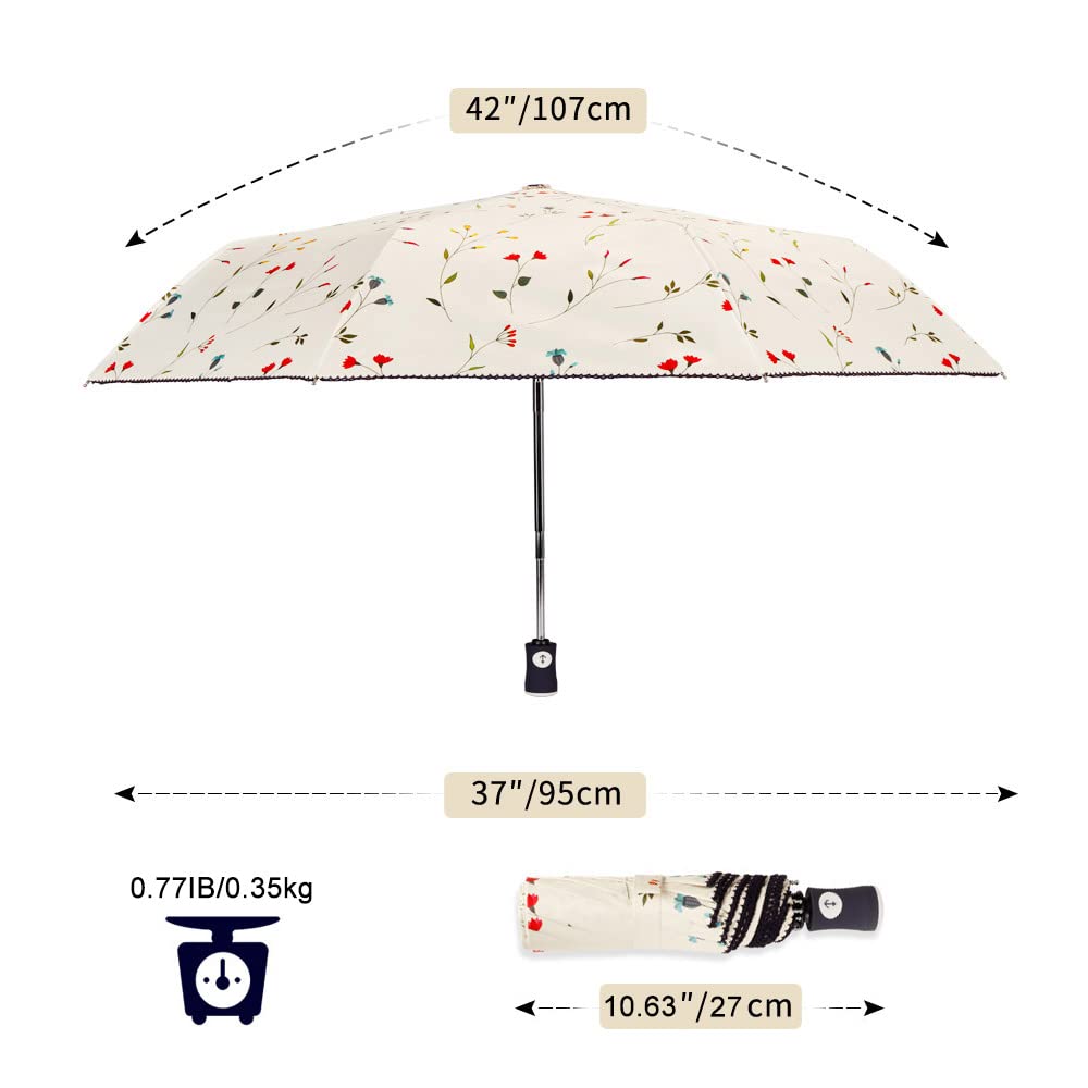 Cuby UV Sun Umbrella Compact Folding Travel Umbrella Auto Open and Close for Windproof, Rainproof & 99.9% UV Protection Parasol with Black Anti-UV Coating (Flowers)