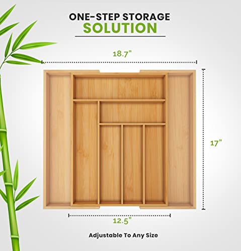 Bamboo Organizer 2 Piece Set – 8 and 5 Compartment Expandable Makeup Drawer - Drawer Dividers Organizer - Adjustable Drawer Holder for Kitchen, Silverware, Flatware, Living Room and Utensils (Natural)