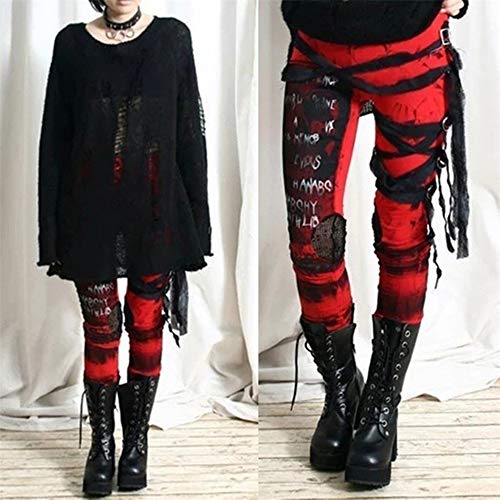 Aniywn Women's Gothic Lace Up Leggings Skinny Pants High Waist Slim Rocker Distressed Punk Leggings Red