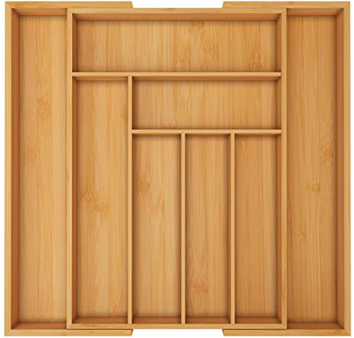 Bamboo Organizer 2 Piece Set – 8 and 5 Compartment Expandable Makeup Drawer - Drawer Dividers Organizer - Adjustable Drawer Holder for Kitchen, Silverware, Flatware, Living Room and Utensils (Natural)
