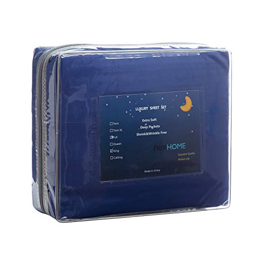 NexHome Full Size Sheet Set, Breathable & Cooling Sheets, Hotel Luxury Bed Sheet, Extra Soft, Deep Pockets 16", Easy Fit, Wrinkle Free, Comfy, Navy Blue Bed Sheets 4 Piece Set