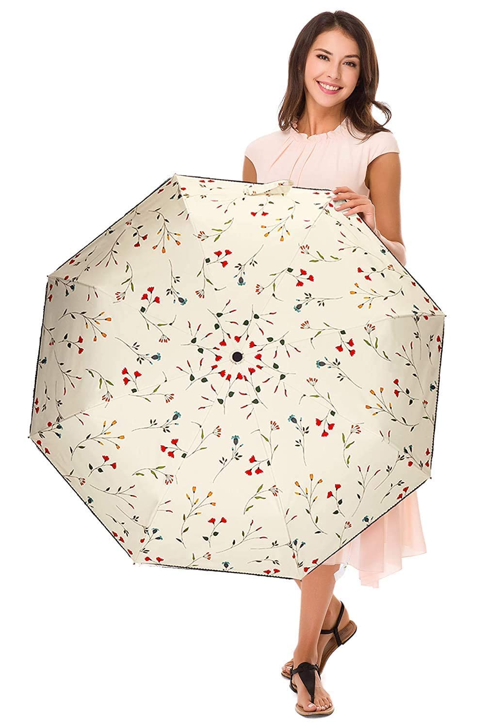 Cuby UV Sun Umbrella Compact Folding Travel Umbrella Auto Open and Close for Windproof, Rainproof & 99.9% UV Protection Parasol with Black Anti-UV Coating (Flowers)