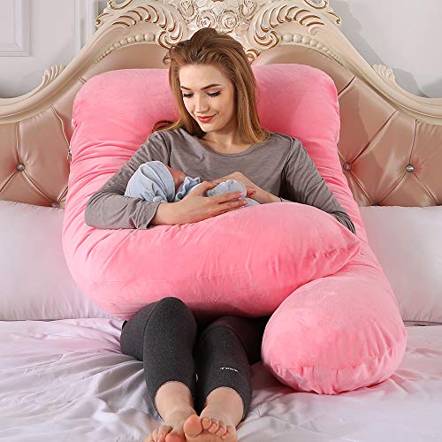 CDEN Pregnancy Pillow, U Shaped Full Body Pillow 55", Maternity Pillow Support for Back, Legs, Neck, HIPS for Pregnant Women with Removable Washable Velvet Cover(Pink)