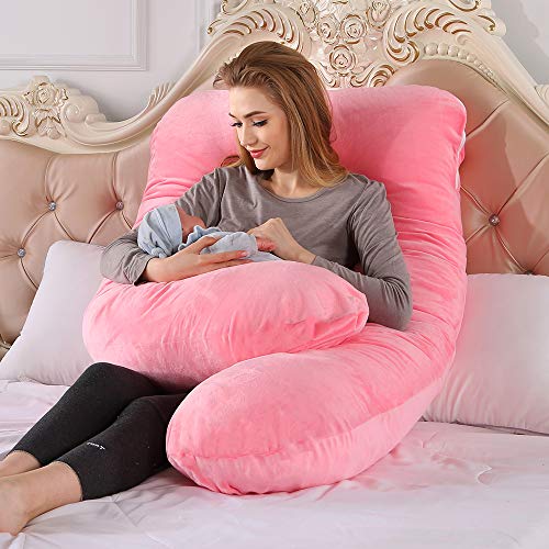 CDEN Pregnancy Pillow, U Shaped Full Body Pillow 55", Maternity Pillow Support for Back, Legs, Neck, HIPS for Pregnant Women with Removable Washable Velvet Cover(Pink)