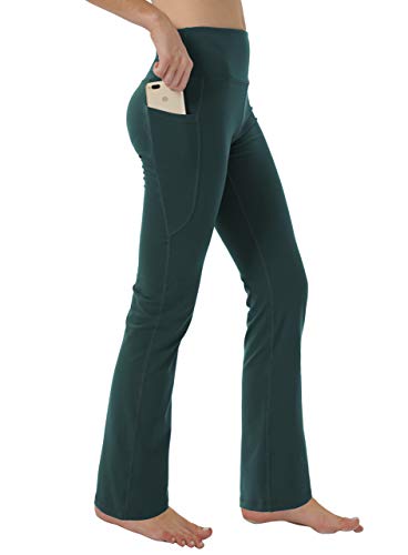 Keolorn Women's Bootleg Yoga Pants with Hidden Pockets Tummy Control Running Legging Long Bootcut (Green, 3X-Large)