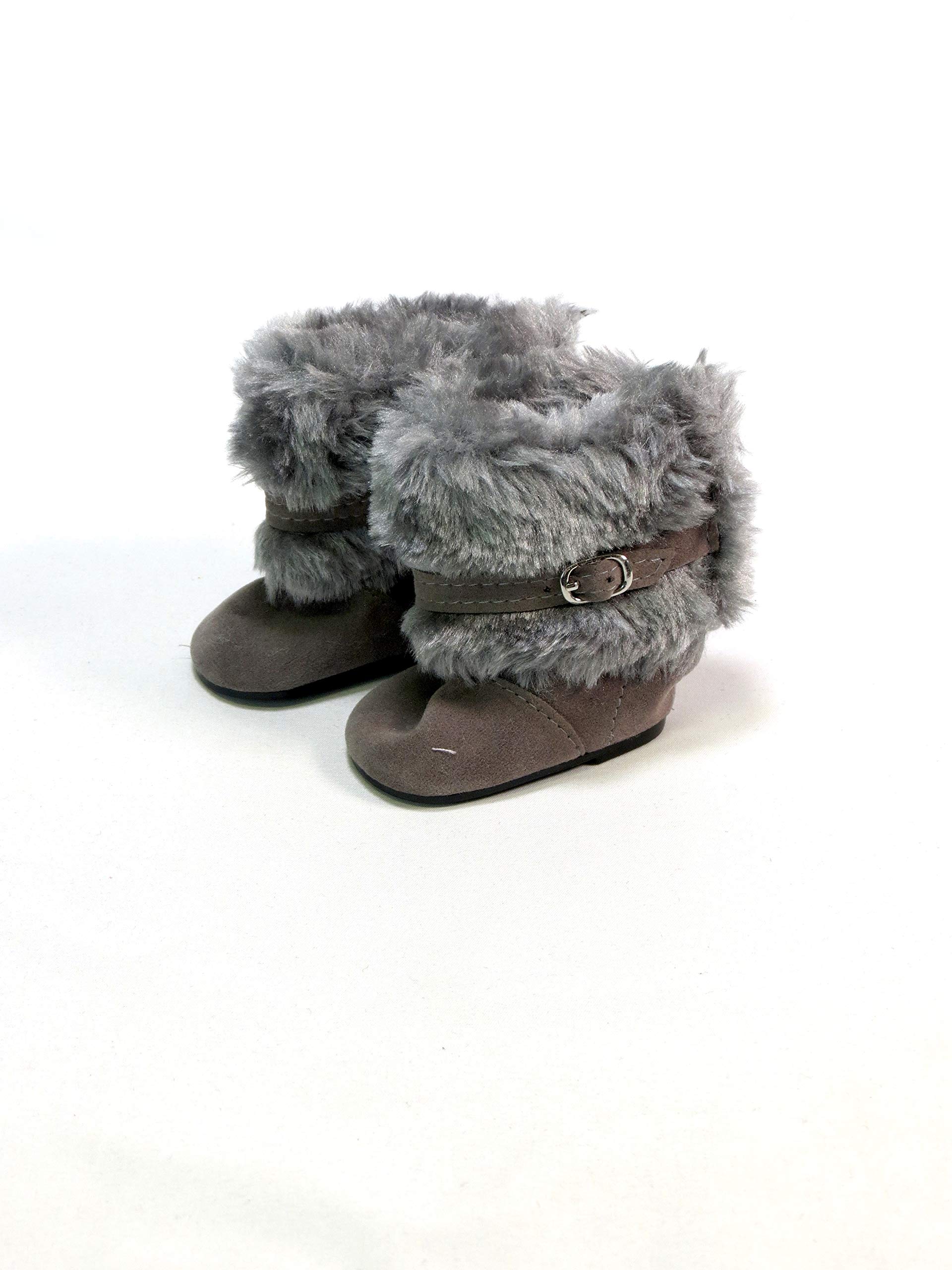 American Fashion World Gray Furry Boots with Buckle for 18-Inch Dolls | Premium Quality & Trendy Design | Dolls Shoes | Shoe Fashion for Dolls for Popular Brands